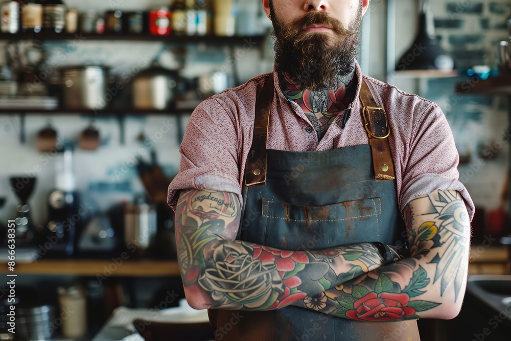 The man with tattoos wears an apron, embodying a rugged and artistic ...