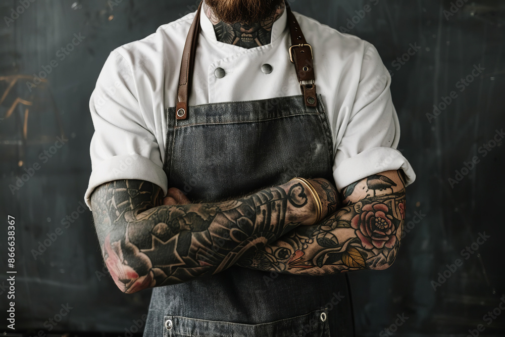 The man with tattoos wears an apron, embodying a rugged and artistic ...