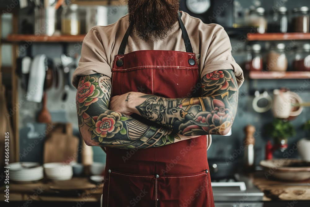 The man with tattoos wears an apron, embodying a rugged and artistic ...