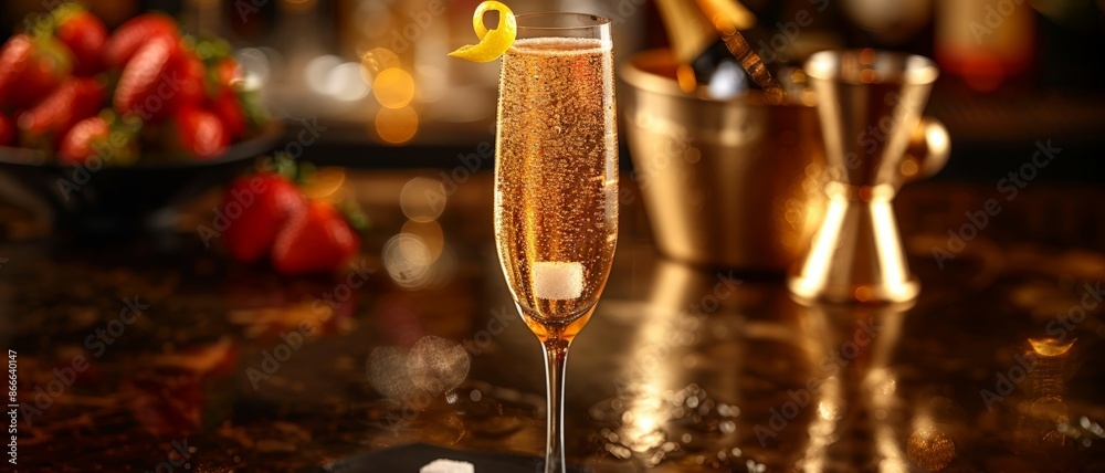 Elegant product photo of Champagne Cocktail, champagne flute with a ...