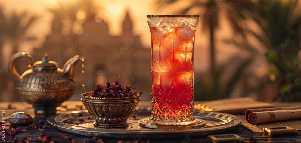 Exotic product shot of Egyptian Karkade, hibiscus iced tea in a tall ...