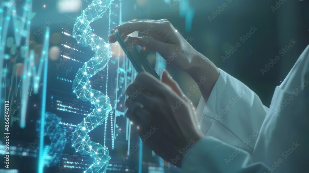 Doctor touching electronic medical record on tablet. DNA. Medical ...