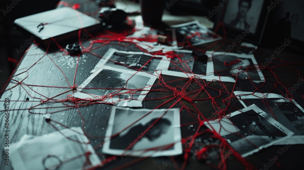 The detective board displays photos of suspected criminals, crime ...