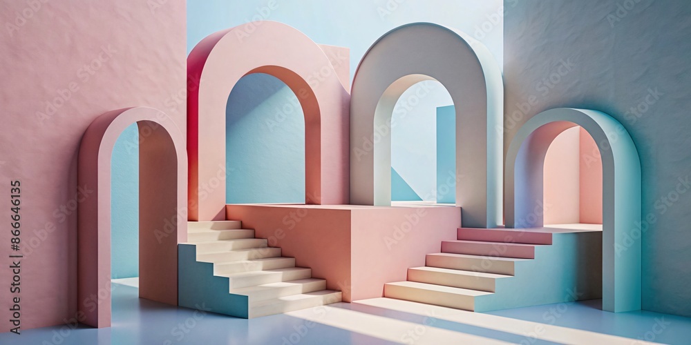 Modern Pastel Architecture with Arches and Stairs. A serene composition ...