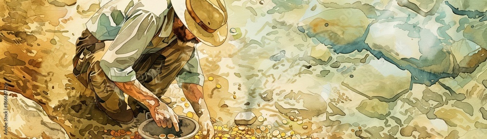 Illustrator drawing of a gold panning scene, with a miner carefully ...