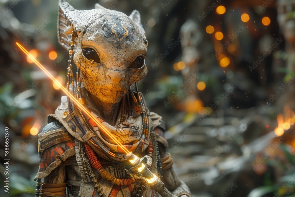 A warrior alien with reptilian features and glowing eyes, wielding a bright, glowing sword in a ...