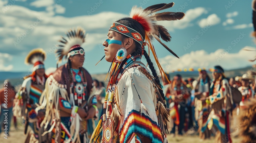 Indigenous people celebrating a Pow Wow, dressed in traditional regalia ...