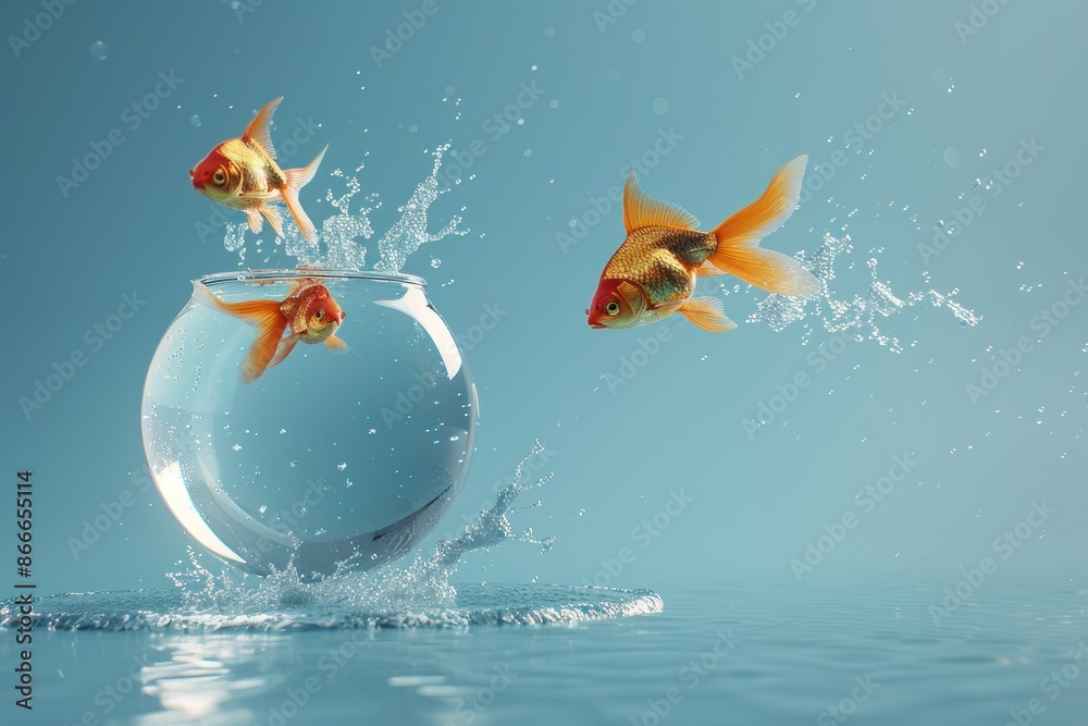 Goldfish jumping out of fish bowl with splashing water background ...