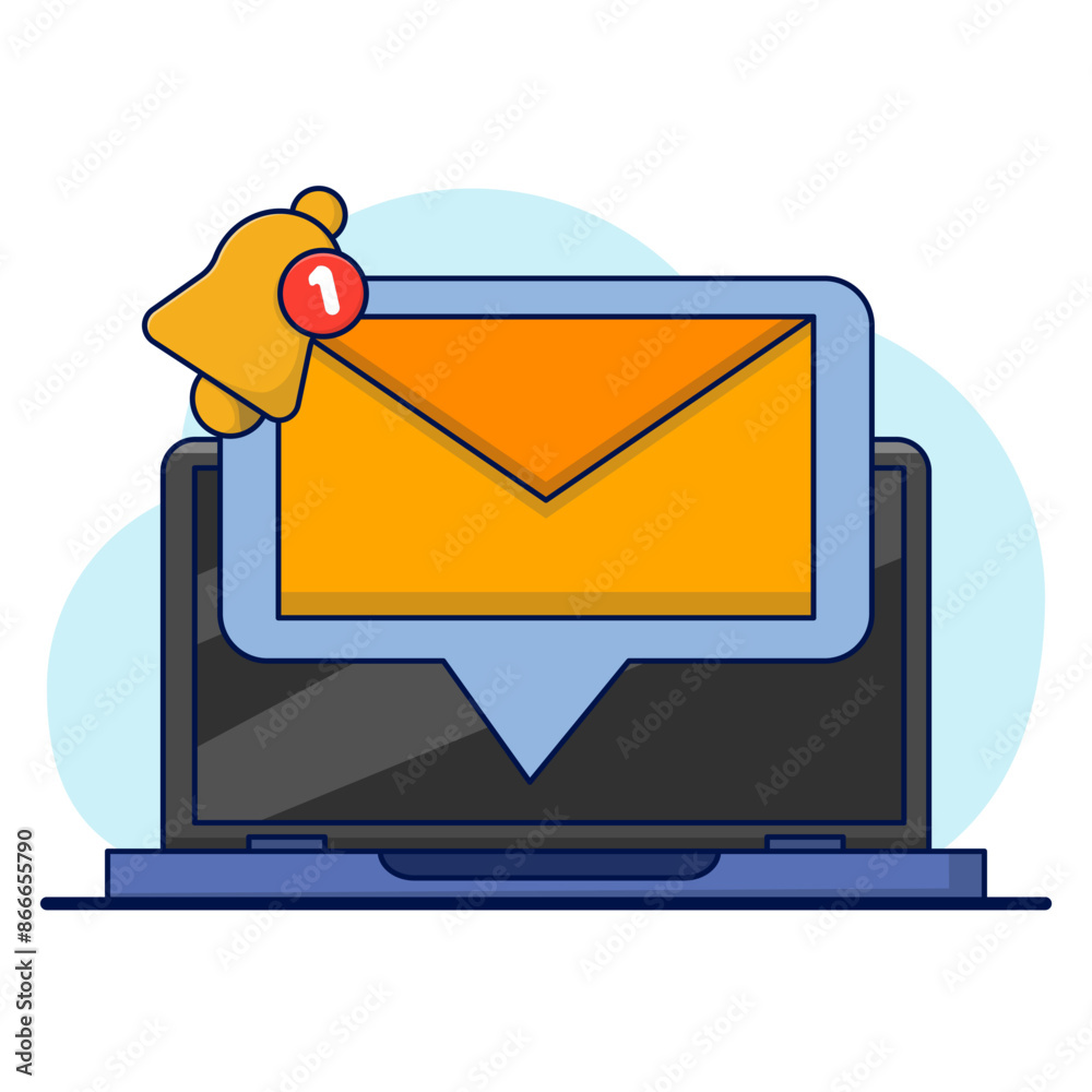 Cartoon notification message concept on laptop. Announcement. Ring the ...