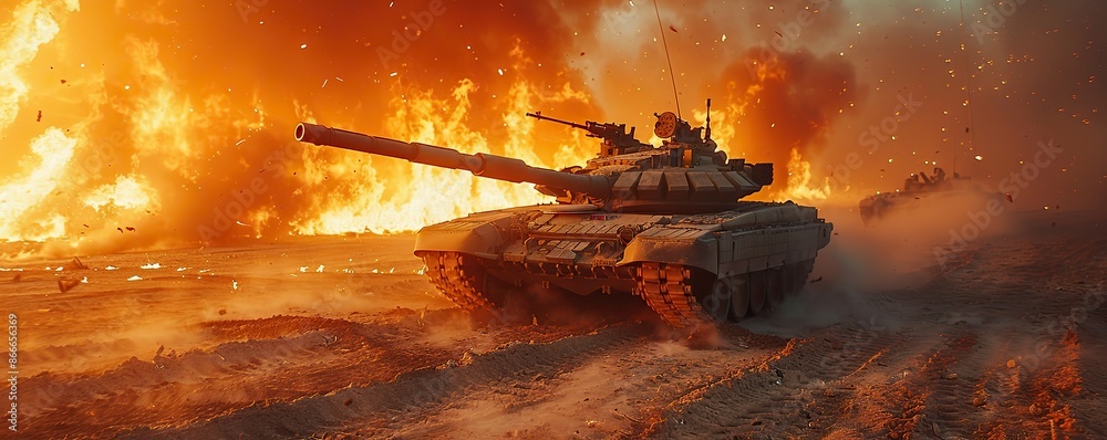 Epic war scene: armored tank crosses mine field with fire and smoke in ...