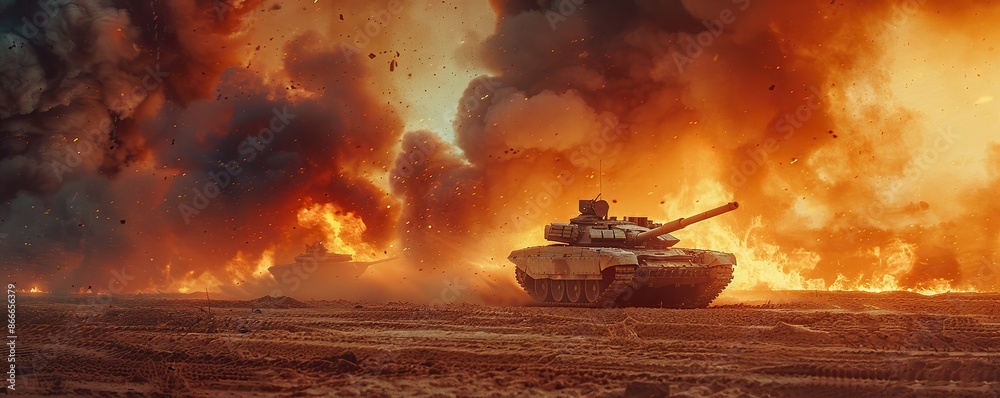 Epic war scene: armored tank crosses mine field with fire and smoke in ...