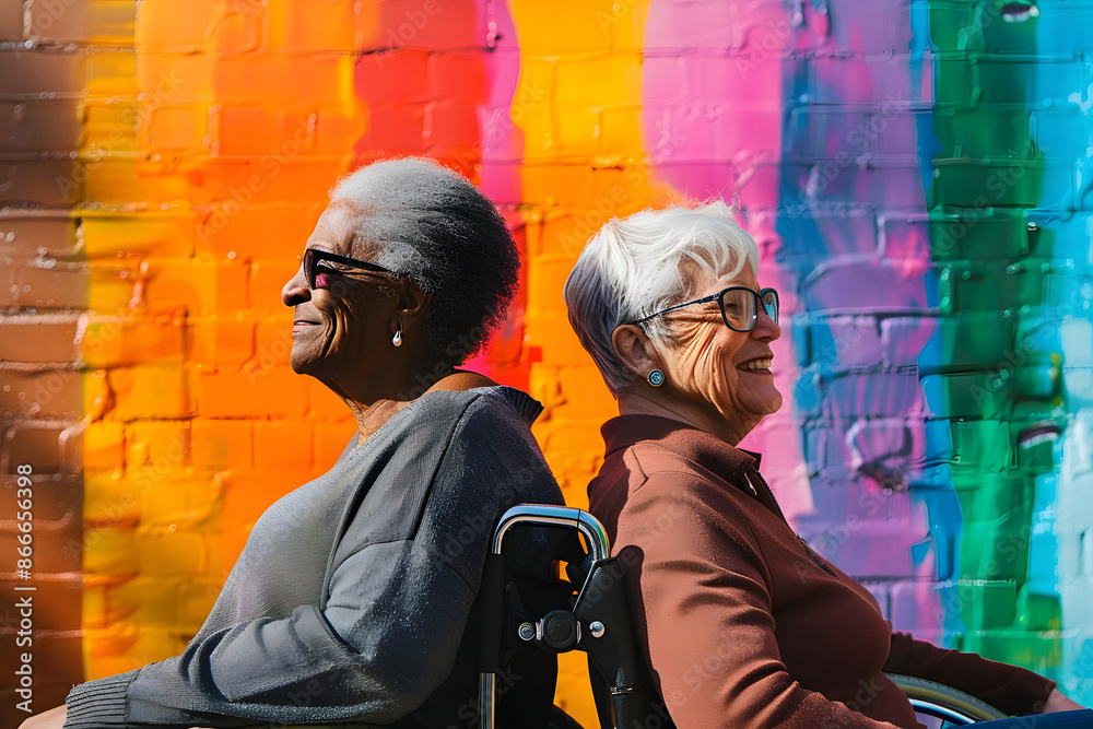 Senior interracial gay female women in wheelchairs back to back against ...