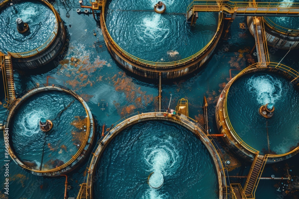 An aerial view of a series of circular water treatment plants ...