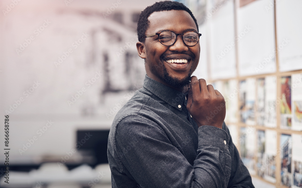 Smile, glasses and portrait of architect in office with information on ...