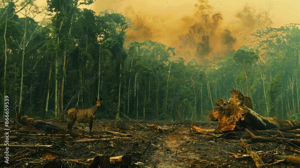 Deforestation and wildfire destroy Amazon rainforest habitat. Concept ...