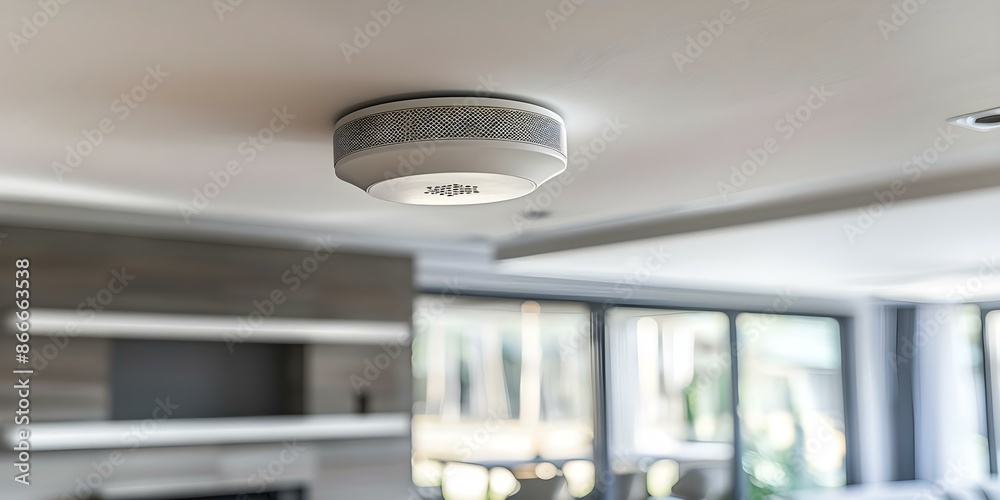 Ceiling smoke detector connected and in use for fire alarm system ...