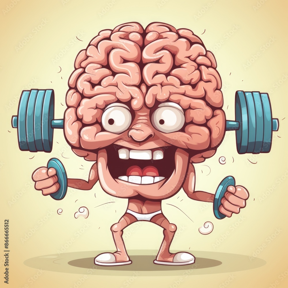 cartoon brain showcasing determination as it lifts a barbell ...