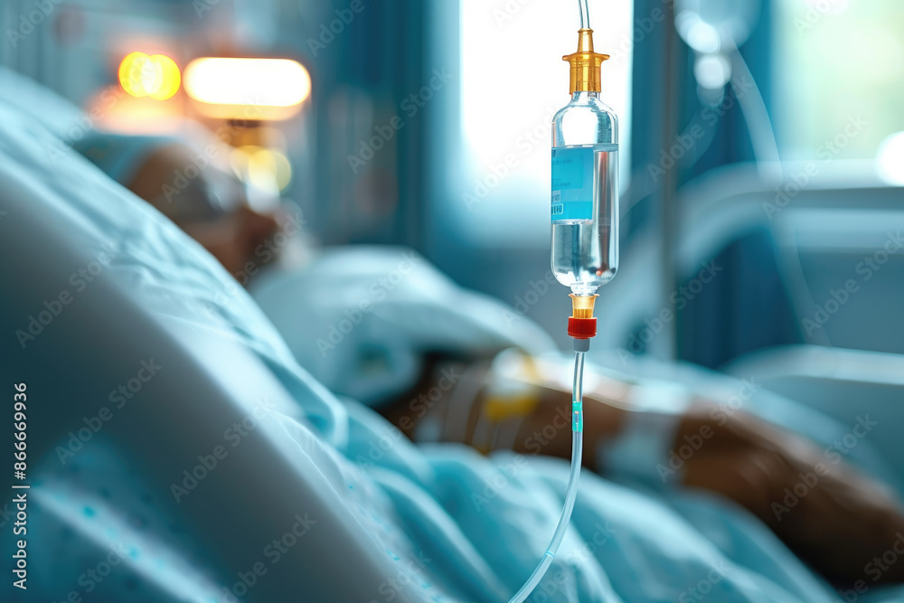 Healthcare patient with IV drip in hospital bed receiving medical treatment and care. Close-up ...