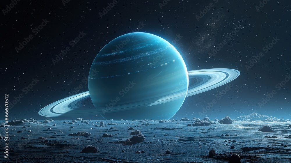 Uranus, a serene ice giant with a faint ring system and tilted axis ...