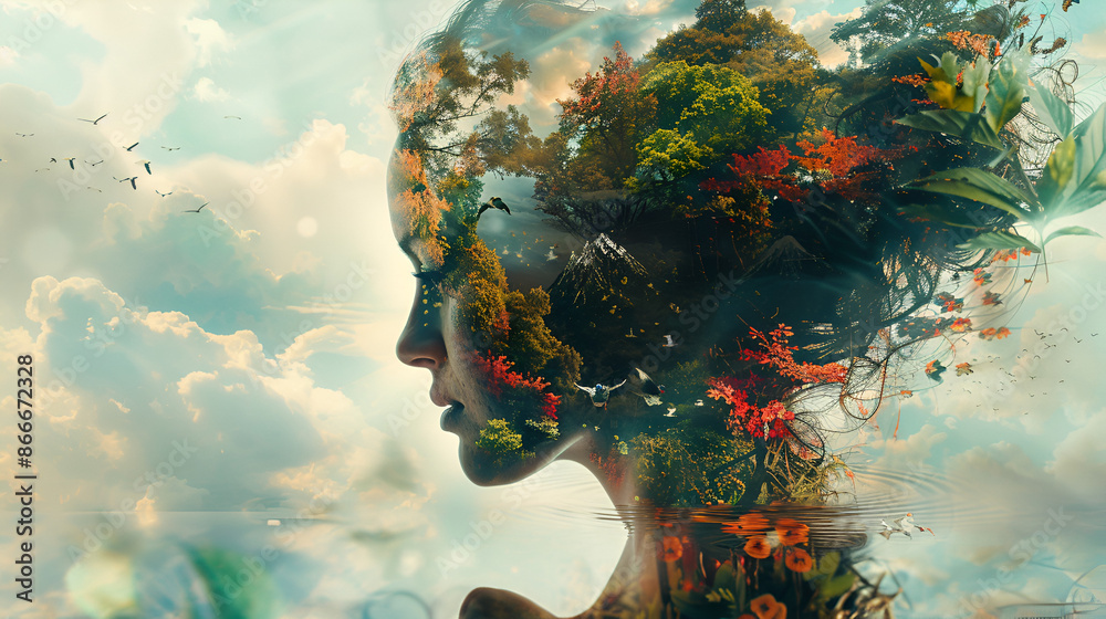 portrayal of nature and human elements. A woman's profile is depicted ...