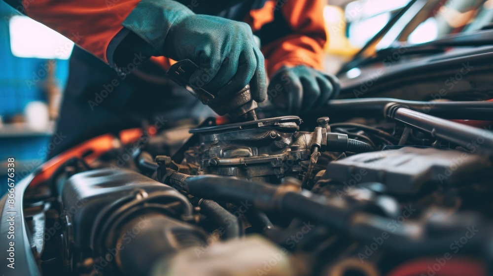 mechanic is doing the annual car inspection. Car repair shop is ready ...