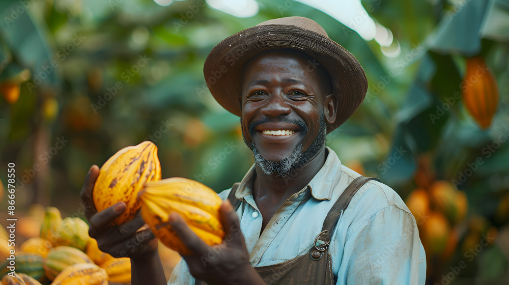 African farmer offers cacao fruits. Man in hat stands in the garden ...