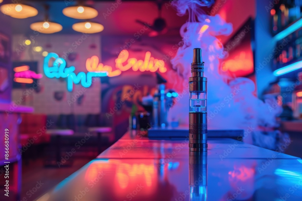 Vape device resting on a bar counter in a neon-lit bar with blurred ...