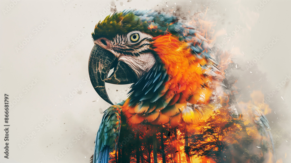 parrot double exposure with a burning jungle, concept of species ...
