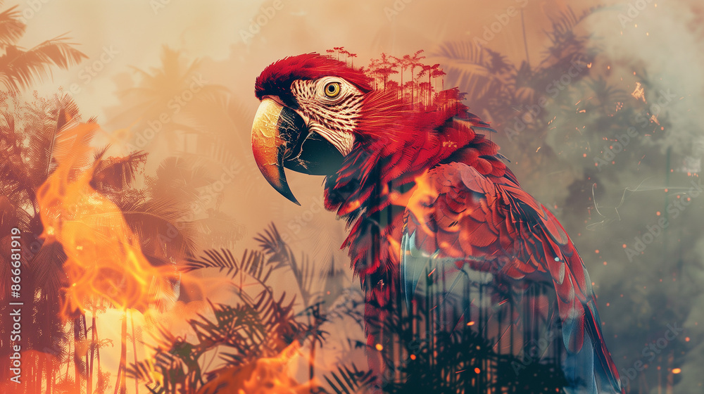parrot double exposure with a burning jungle, concept of species ...
