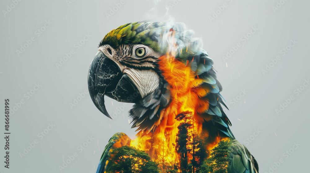 parrot double exposure with a burning jungle, concept of species ...