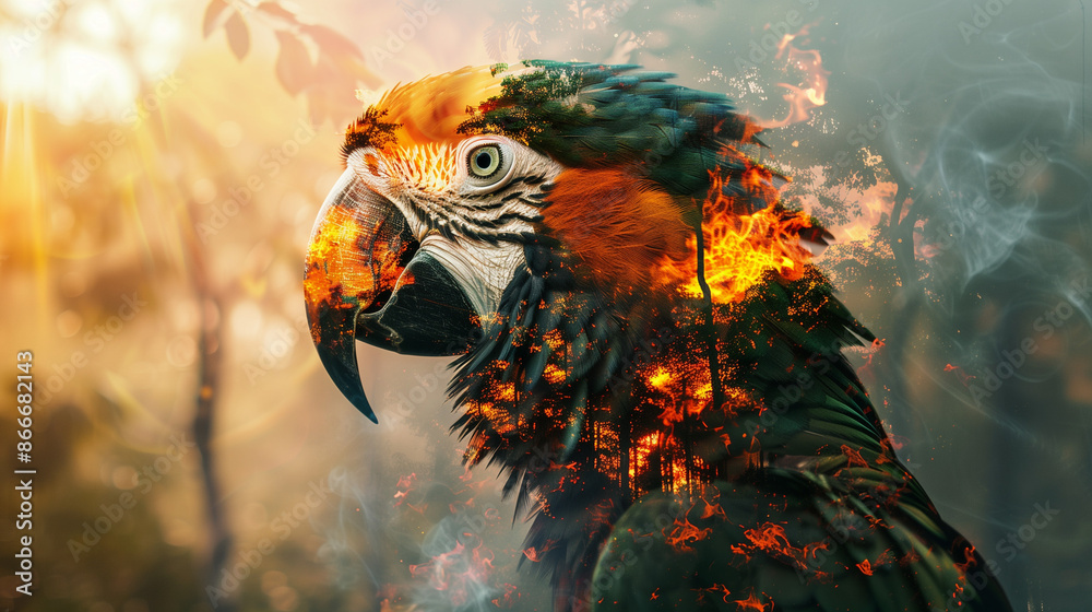 parrot double exposure with a burning jungle, concept of species ...