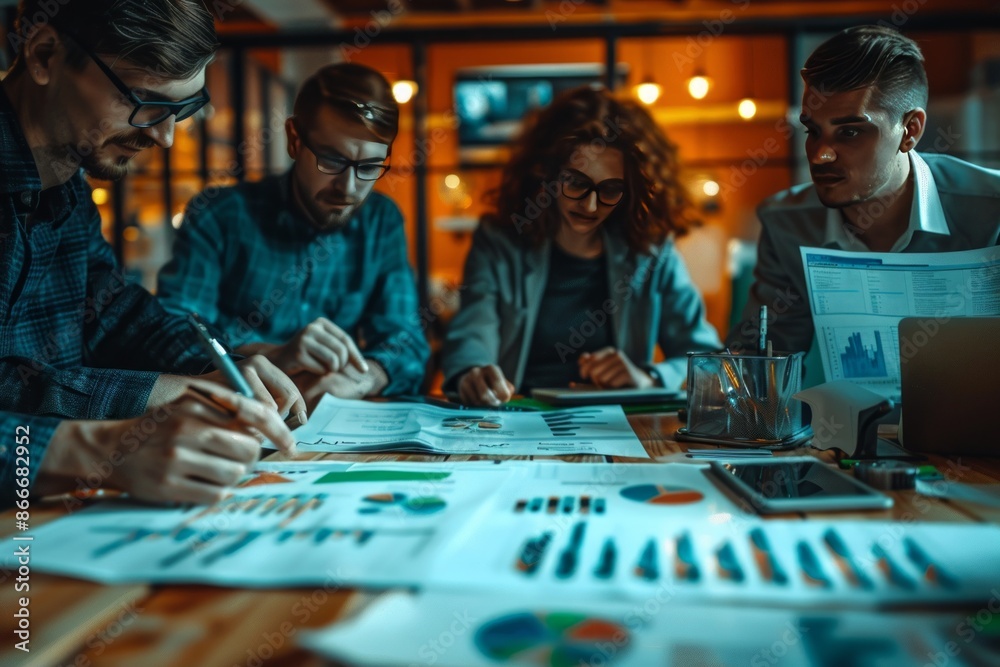 Teammembers working together to analyze colorful charts and graphs on a table during a ...