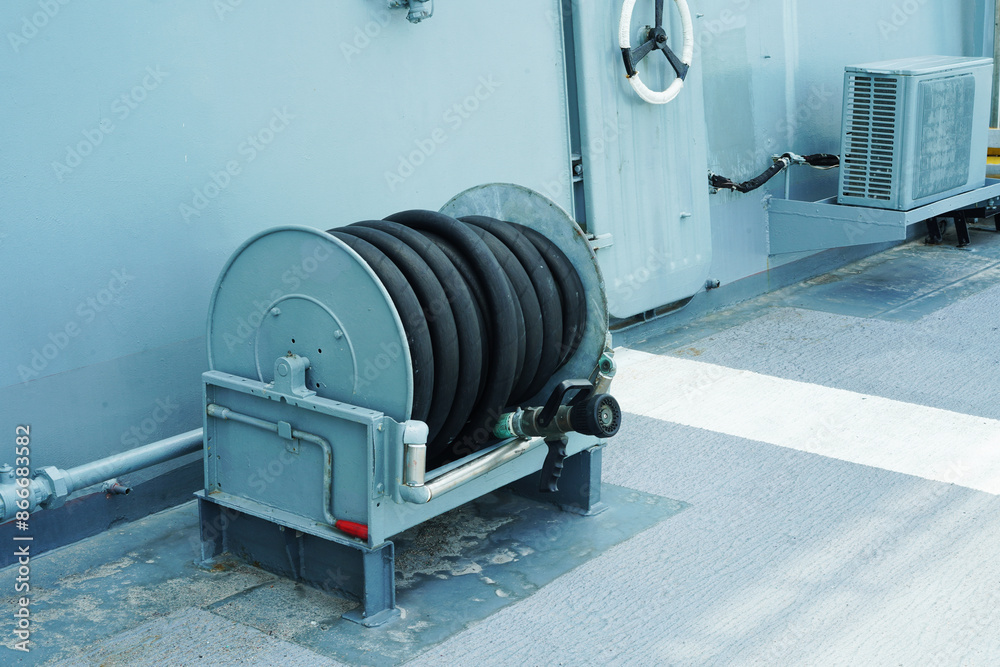 Black fire hose reel was attached on floor in old military war ...