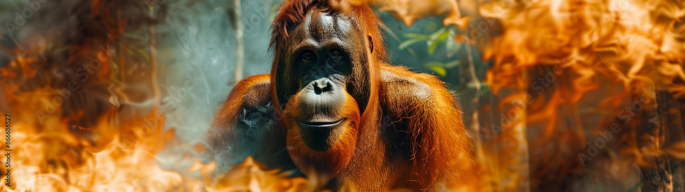 Orangutan double exposure with a burning jungle, concept of species ...