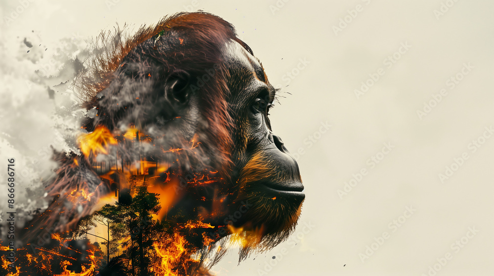 Orangutan double exposure with a burning jungle, concept of species ...