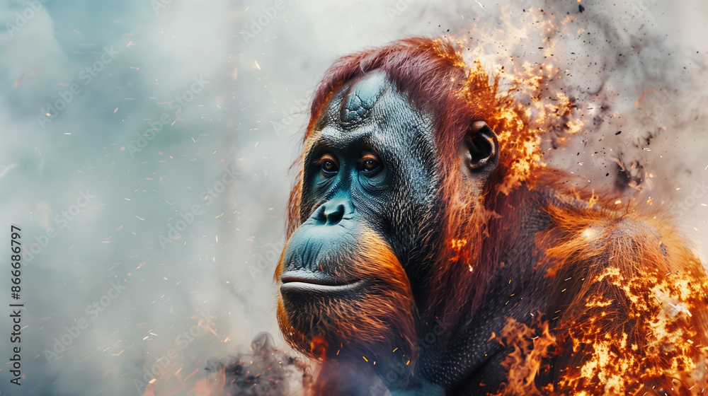 Orangutan double exposure with a burning jungle, concept of species ...