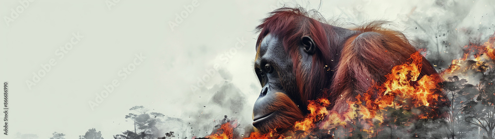 Orangutan double exposure with a burning jungle, concept of species ...