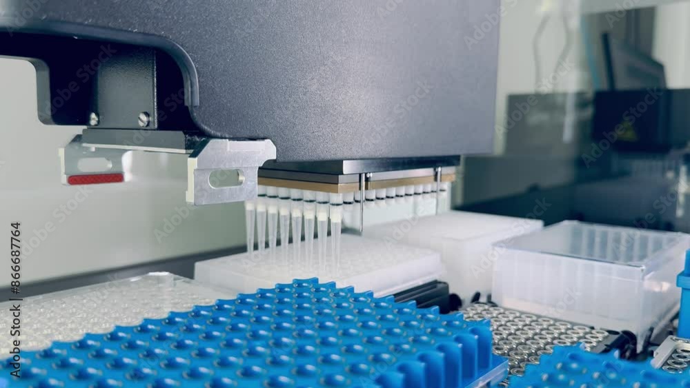 high-tech laboratory automation system, mechanical robotic arm working ...