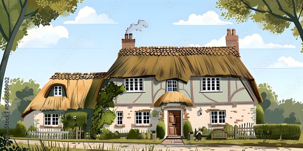 Cartoon style of 1960s English manor house with thatched roof. Concept ...