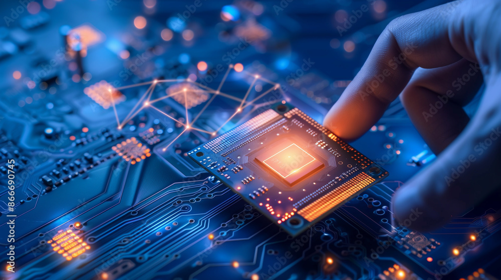 hand holding a glowing AI chip with digital data graphs floating around ...