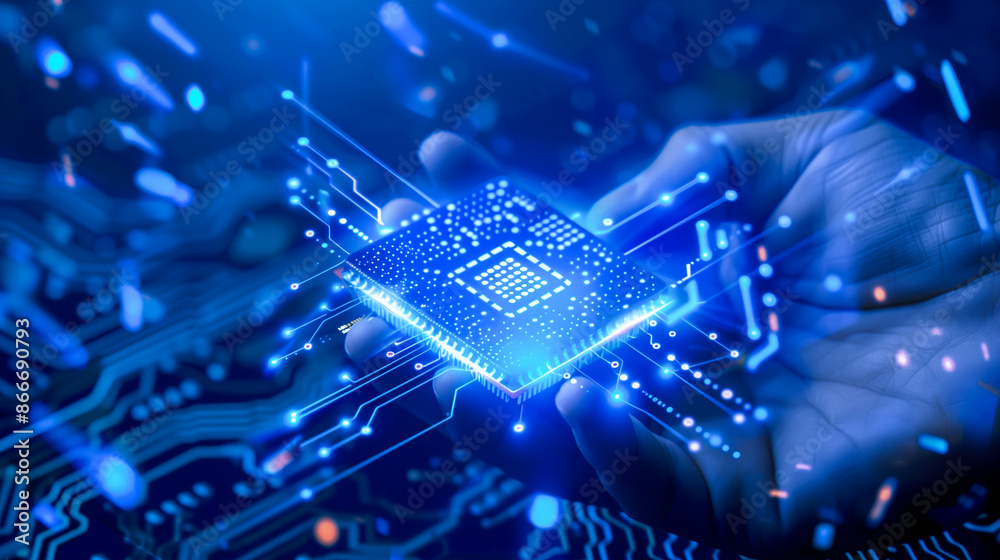 hand holding a glowing AI chip with digital data graphs floating around ...