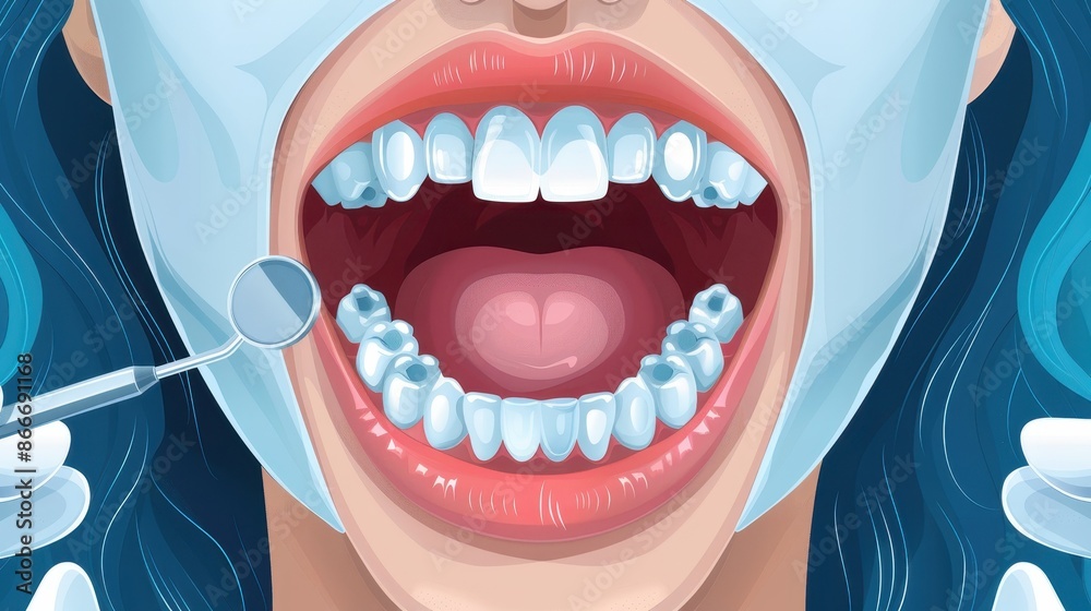 A detailed illustration depicting a dental checkup, focusing on the ...