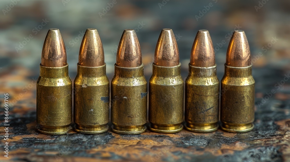 Foto de Various bullets standing upright on a rugged metal table ...