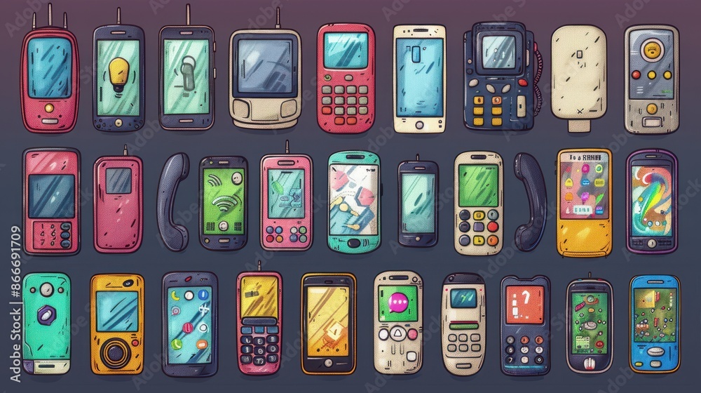 A collection of vintage mobile phones displayed in rows with various ...