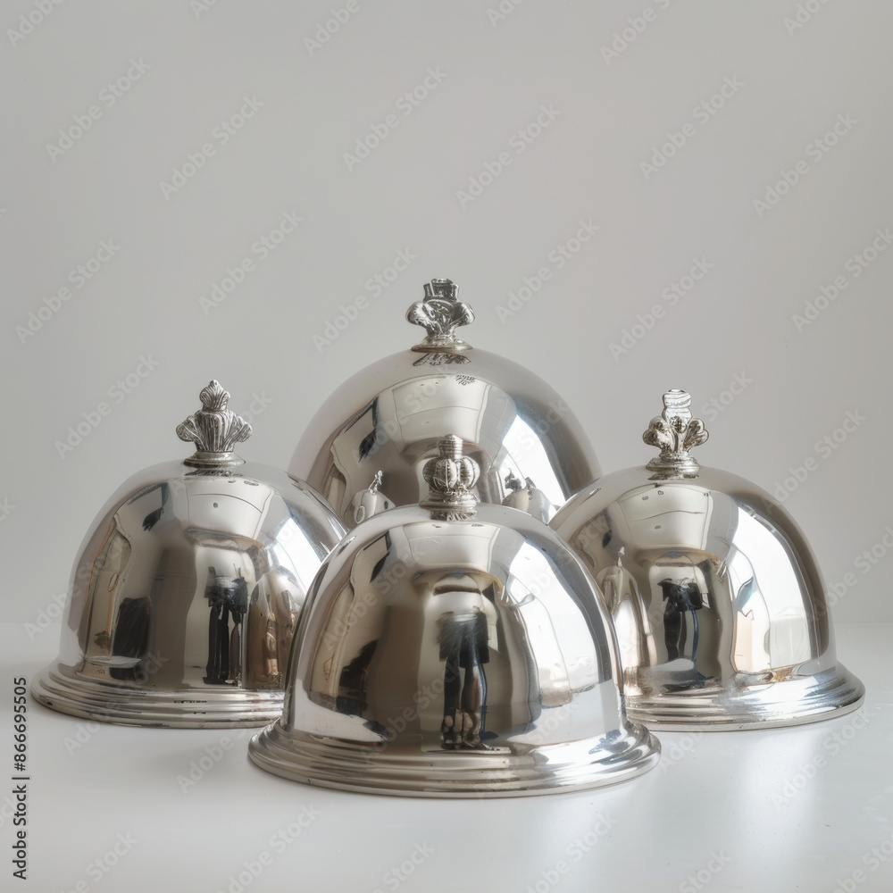Vector realistic set of a silver food tray or plate with a cloche for ...