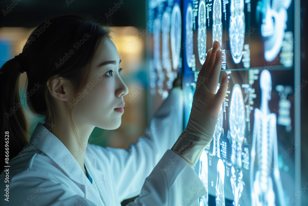 Foto de Side profile of young trainee female medical doctor studying AI ...