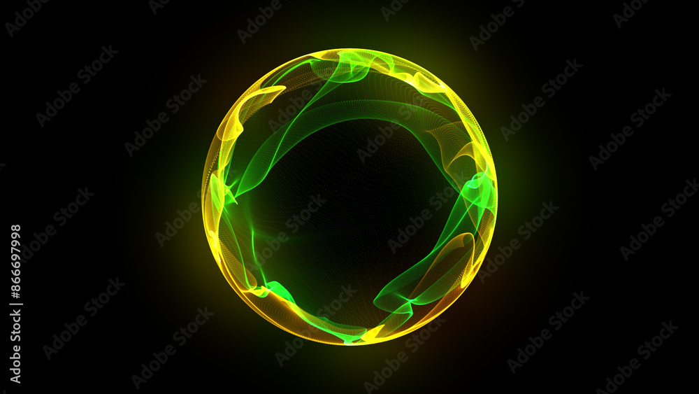 ภาพประกอบสต็อก Neon glowing particle 3d sphere. Yellow and green neon ...