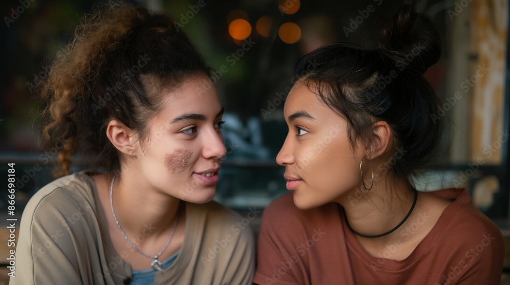 two young women of different ethnicities talking face-to-face, one with ...