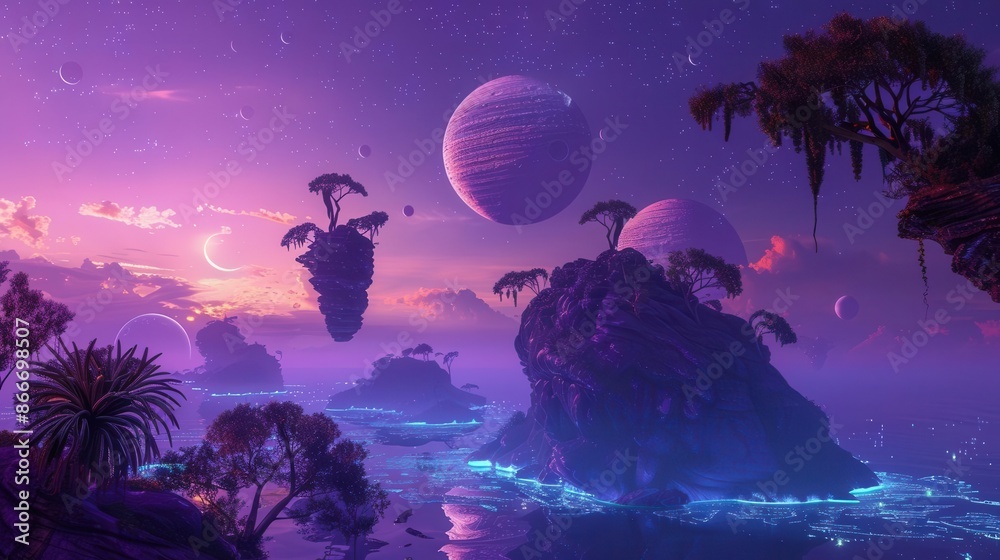 surreal alien landscape with floating islands bioluminescent vegetation ...