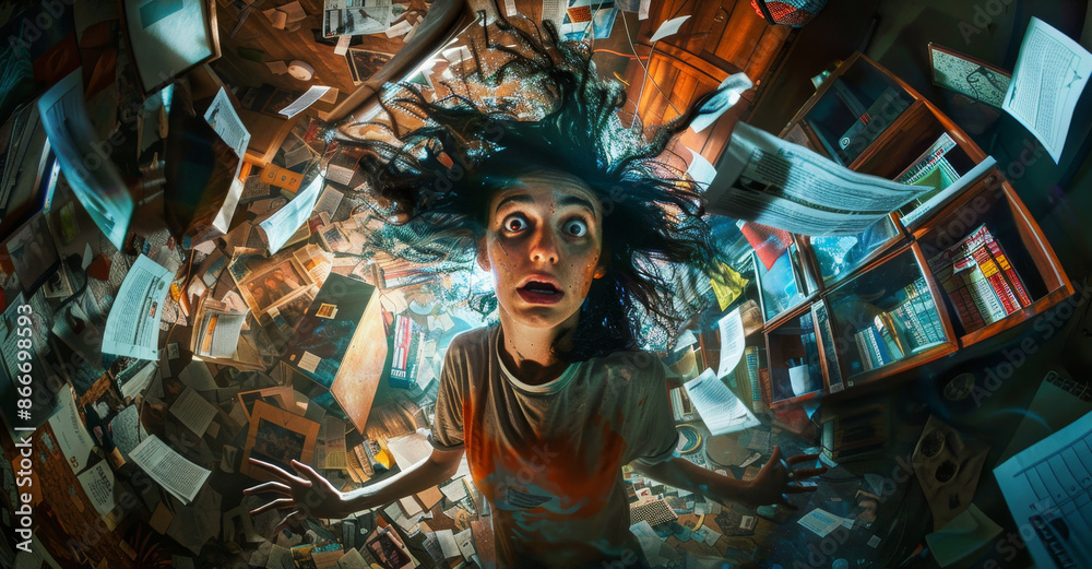 Person experiencing manic episode with intense facial expression and ...